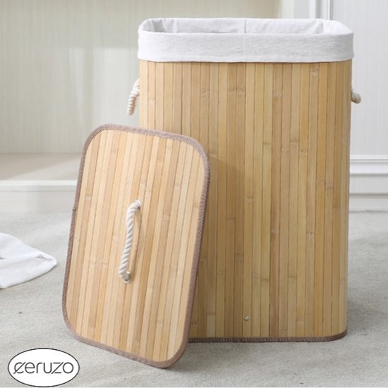 Ceruzo Bamboe Wasmand met Deksel - 72L - Bamboe - Binnenzak Wasbaar ...