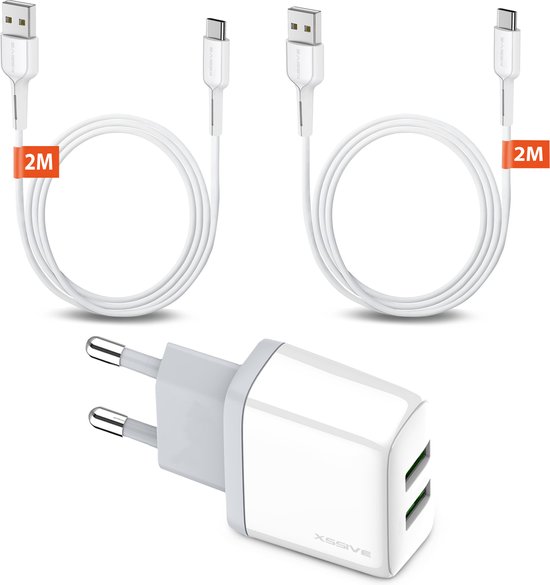 USB Stekker 2 Poorten met 2x USB-A naar USB-C Kabels - 2 Meter - 5V/1A - 5W Oplader | bol