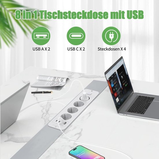 Tafelstopcontact met USB en verlengkabel - 4-voudig inbouwstopcontact ...