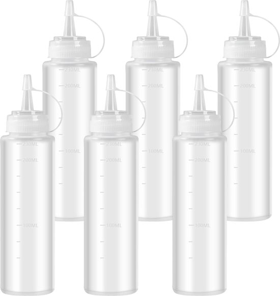 SNQ 6-pack Knijpfles- 230ml Knijp Dispenser- Plastic Sausfles met Dop ...