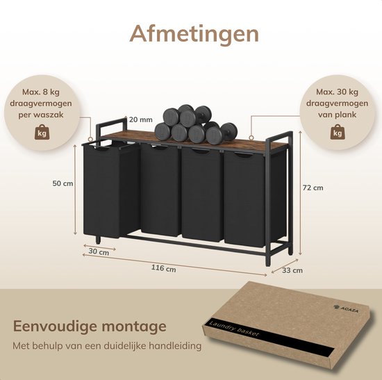 ACAZA Wasmand - Wassorteerder - 4 Vakken - 160 L - 116 x 72 x 33 cm ...