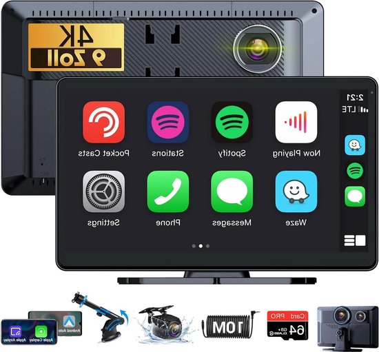 9 inch IPS Touch Screen Wireless Car Dashcam 4K for Apple Carplay ...