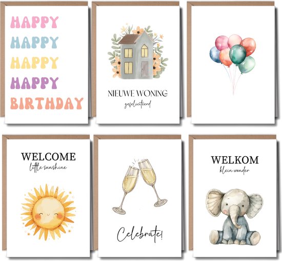 Momentuals - Wenskaarten Set - 6 stuks - Wenskaarten met Envelop - Kaartenset -... | bol