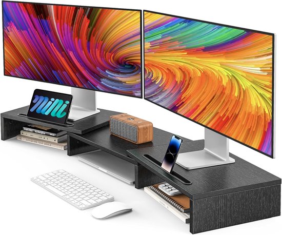 Famanu – Dubbele houten monitorverhoger met drie planken, verstelbare ...