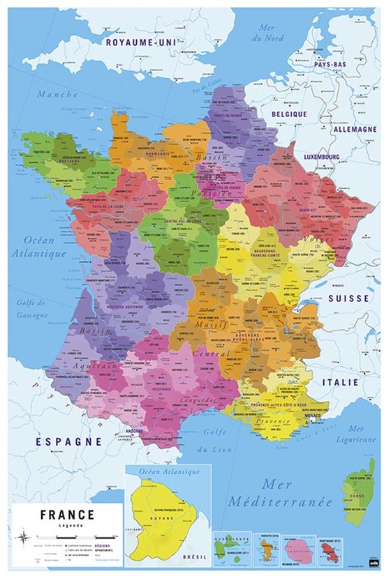 Frankrijkkaart - poster- Parijs - Lyon - educatief- Provincies - 61x91 ...
