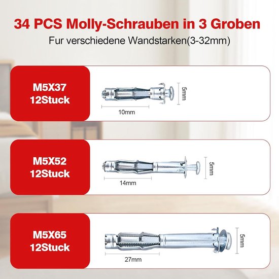 Montageset voor holtebevestiging, met tang en 34 metalen pluggen ...