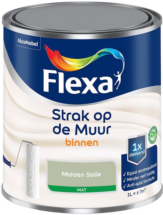 Flexa - Strak op de Muur Binnen Muurverf Mat - Midden Salie - Mengverf ...