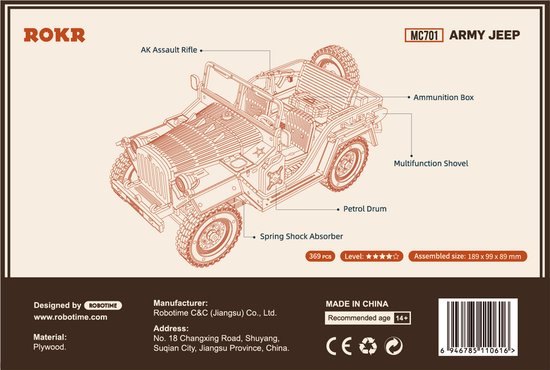 Robotime Modelbouwpakket Army Jeep 18,9 Cm Hout 369-delig | bol