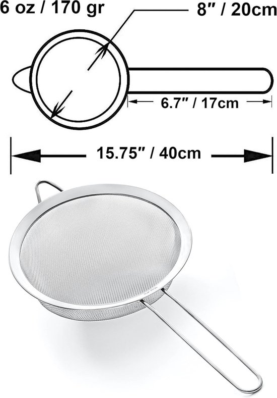 20cm cm Fijnmazige Zeef – Premium 304 Roestvrij Staal (18/8) – Grote ...