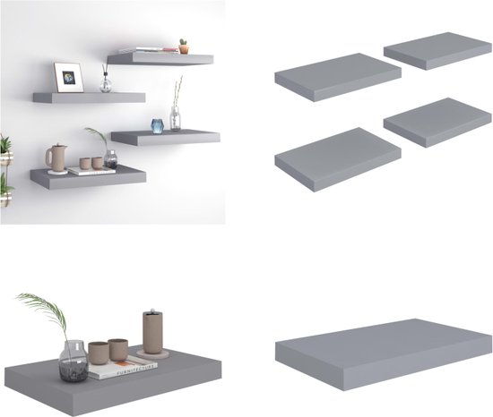vidaXL Wandschappen zwevend 4 st 40x23x3-8 cm MDF grijs - Wandschap - Wandschappen -... | bol