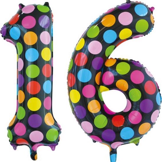 Folieballon Cijfer 16- Regenboog stippen/zwart -16 inch cijferballon ...
