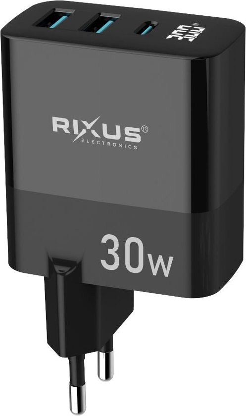 Rixus - Adapter 30W Gan - USB 1x Type-C / 2x USB Type-A - Charger Black - Universeel -... | bol