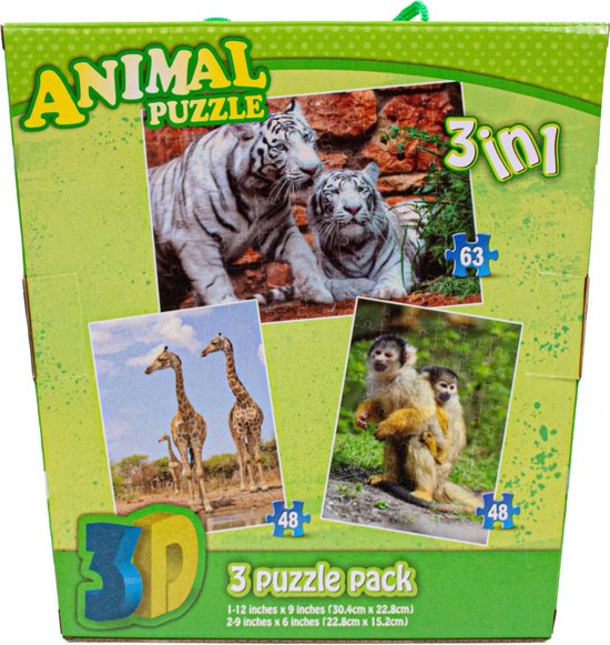 3D Animal dieren Puzzle- 3 in 1 box- 3 puzzles- giraf-tijgers en aapjes ...