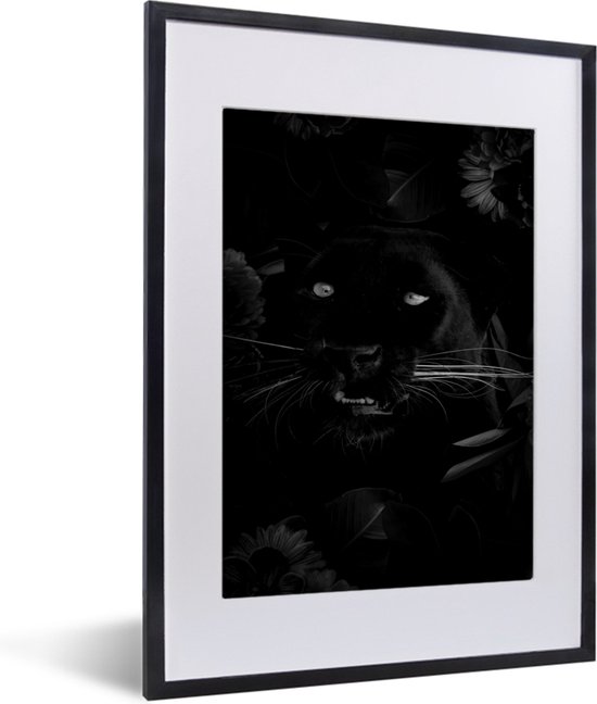 Fotolijst incl. Poster Zwart Wit- Botanische panter op een zwarte ...
