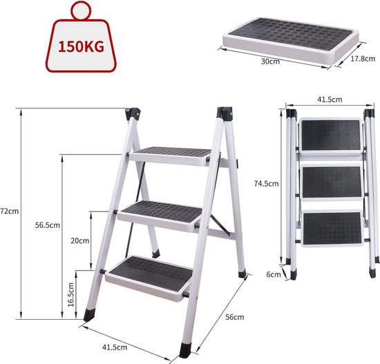 Ladder 3 treden, 3 treden, inklapbaar met anti-slip pedaal, draagbare ...