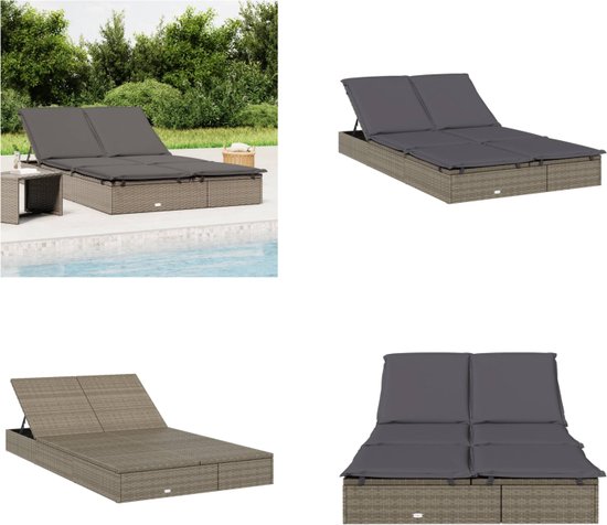 vidaXL Ligbed met kussens 2-persoons poly rattan grijs - Ligbed ...