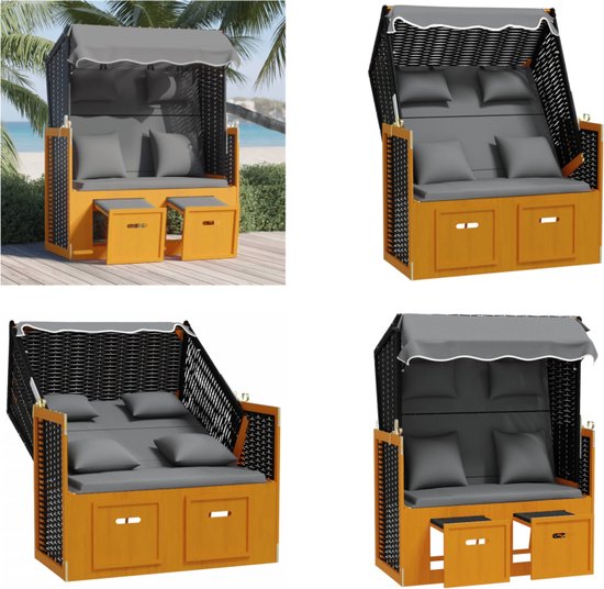 vidaXL Strandstoel met kussen poly rattan en hout zwart en antraciet ...