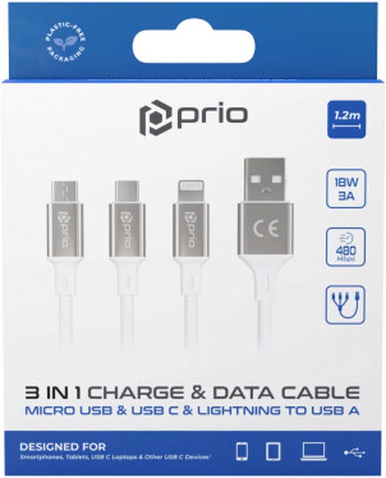 Prio - 3-in-1 snelladen oplaadkabel - Micro USB - USB-C - Lightning - 2 ...