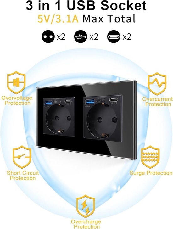 Snel Opladend USB / C Stopcontact - Zwart, 16 Ampère, Glazen Schuko ...