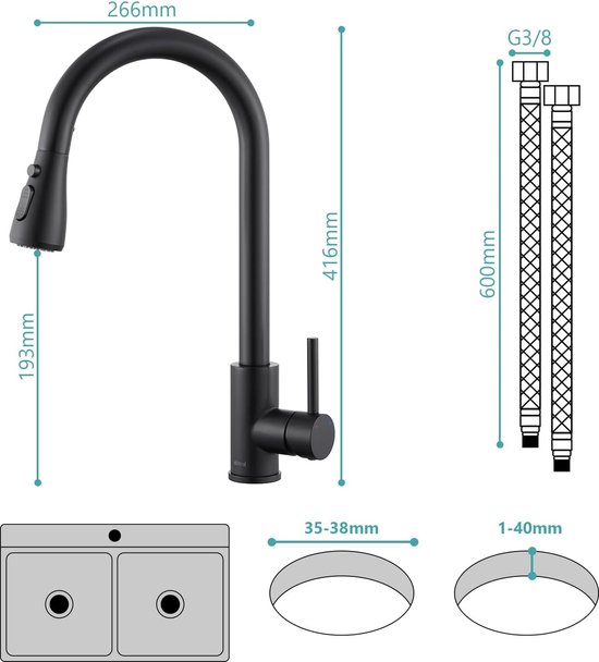 keukenkraan met sproeier, uittrekbaar, hogedruk mengkraan, keukenarmatuur met 3 modi,... | bol
