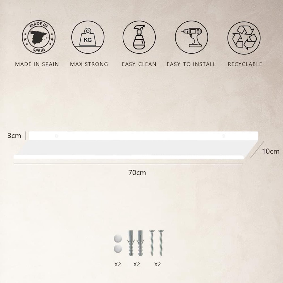 Wit wandrek | Zwevende Wandplank lengte 70 cm | Hangend fotorek | Witte ...