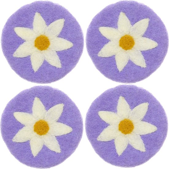 Onderzetters Vilt - Set 4 stuks - Lila met Witte Margriet - 10 cm ...