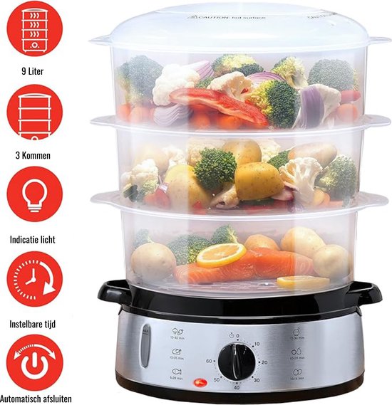 Stoompot - Stoomkoker - Stomer - 3 Lagen - 9 liter - Timer - 800 Watt ...