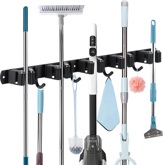 Bezemhouder voor aan de muur met 5 houders + 4 haken, voor zware ...