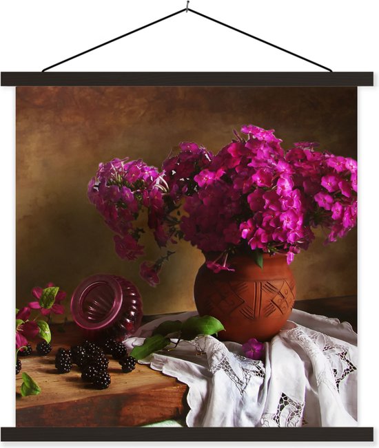 Posterhanger incl. Poster - Schoolplaat - Rustiek - Bloemen - Roze - Vaas - Stilleven... | bol