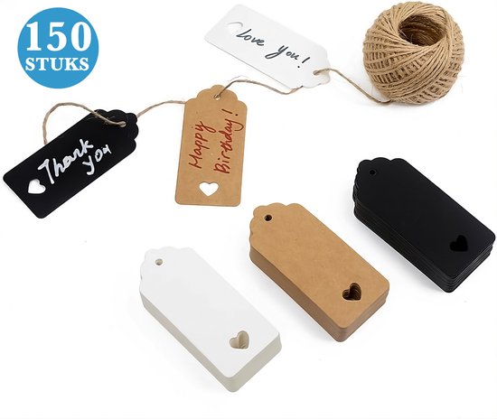 150x Stuks Kraft Karton Labels met 20m Jute Touw - Hart Kartonnen ...