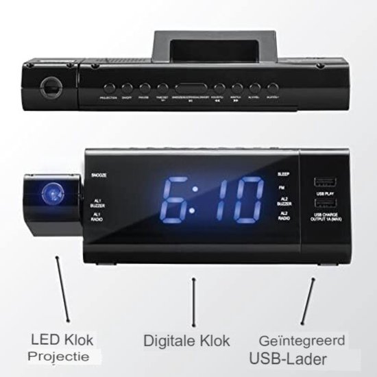 Wekkerradio met Projectie - Digitale Wekker - Digitale Klok - Zwart | bol