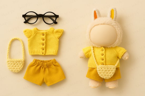 Kledingset geschikt voor Labubu – Compleet outfitje: gebreid geel topje ...