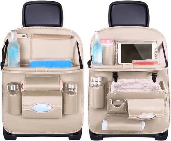 Car Seat Organiser Backrest Protector for Children - Beige Faux Leather ...