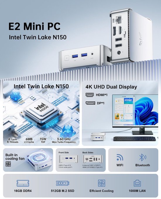 NiPoGi E2 4K Mini PC,Intel 12th N150 16GB DDR4 512GB SSD ,Mini pc ...
