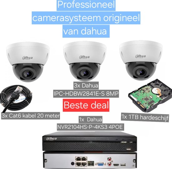 Professionele 4K beveiligingscamera systeem met 3 camera's 8mp Origineel van Dahua... | bol