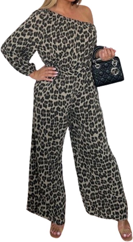 Dilena fashion jumpsuit luipaard panter print cotton off shoulder camel ...