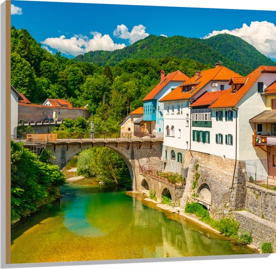 Hout - Huizen - Water - Brug - Kleuren - Rivier - Bergen - 100x100 cm ...