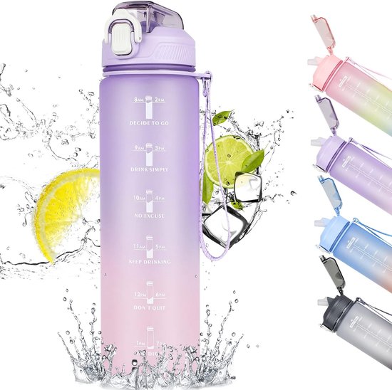 Motivational Water Bottle 1 Litre with Straw and Time Markers Leak-Proof BPA Free Lid... | bol