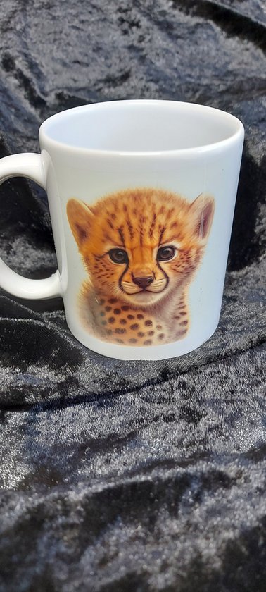 bedrukte mok met baby cheetah, Mok met cheetah, Baby chettah, bedrukte ...
