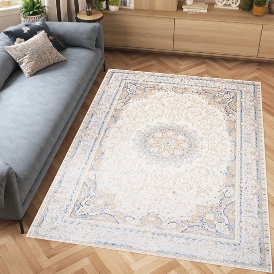 Tapiso Hera Vloerkleed Beige Blauw Woonkamer Licht Vintage Frame Tapijt ...