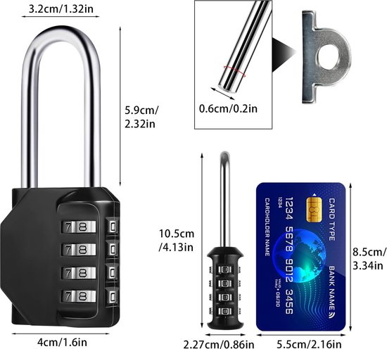 Set van 2 hangsloten, lange beugel, cijferslot, 4-cijferig hangslot met ...
