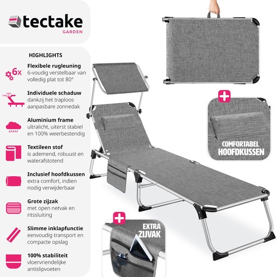 tectake® Ligbed Aurelie met zonneluifel en hoofdkussen - Ligstoel ...