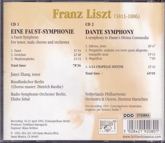 2CD A Faust Symphony, Dante Symphony - Franz Liszt - Jianyi Zhang (tenor),... | bol