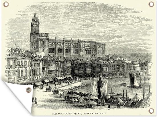 Tuin decoratie Een illustratie van de haven van de Spaanse stad Málaga ...