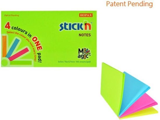Stick'n Memoblok Magic Sticky Notes - 76x127mm - 4 Verschillende Neon ...