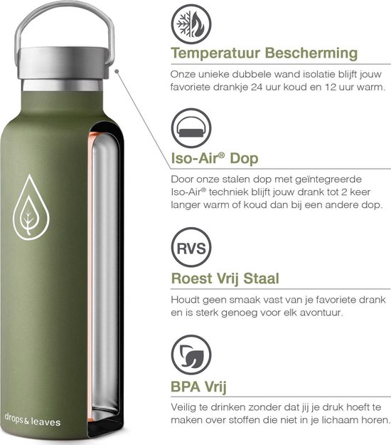 drops & leaves Thermosfles in Roestvrij Staal RVS - Drinkfles - 500ML ...