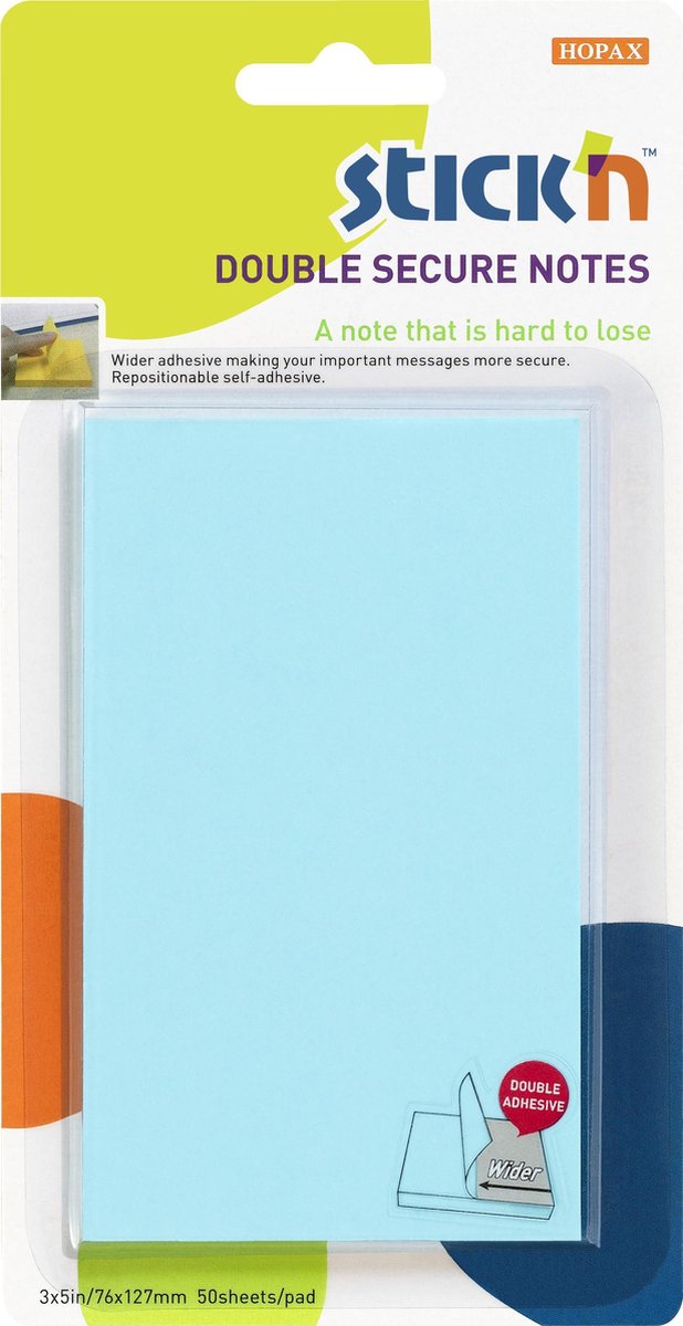 Stick'n sticky notes - extra brede lijmlaag, 76x127mm, blauw, 50 ...
