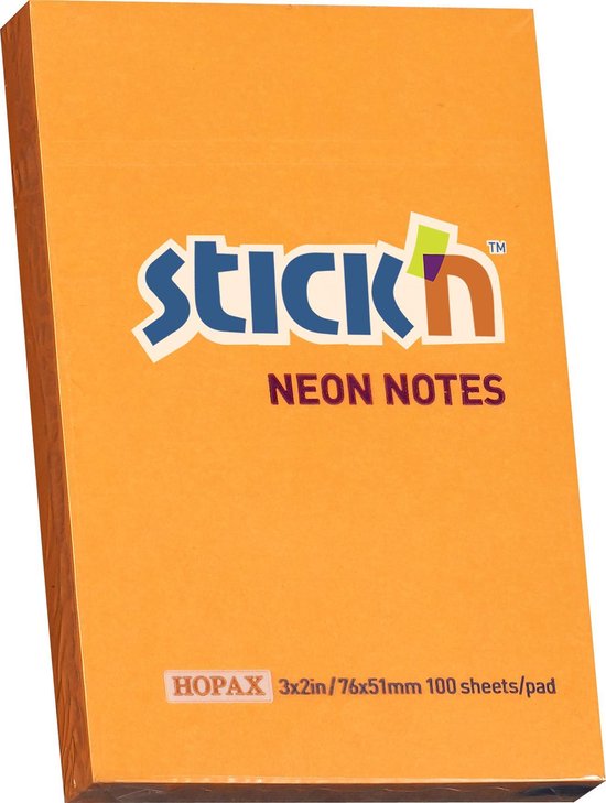 Stick'n sticky notes - 76x51mm, neon oranje, 100 memoblaadjes | bol