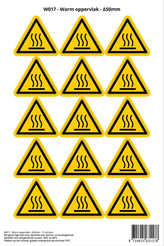 Pictogram sticker W017 - Warm oppervlak - Δ50mm - 15 stickers op 1 vel ...