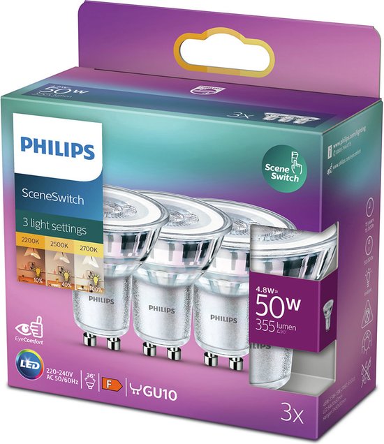 Philips Led Spot Sceneswitch 50 W Gu10 Warmwit Licht 3 Stuks